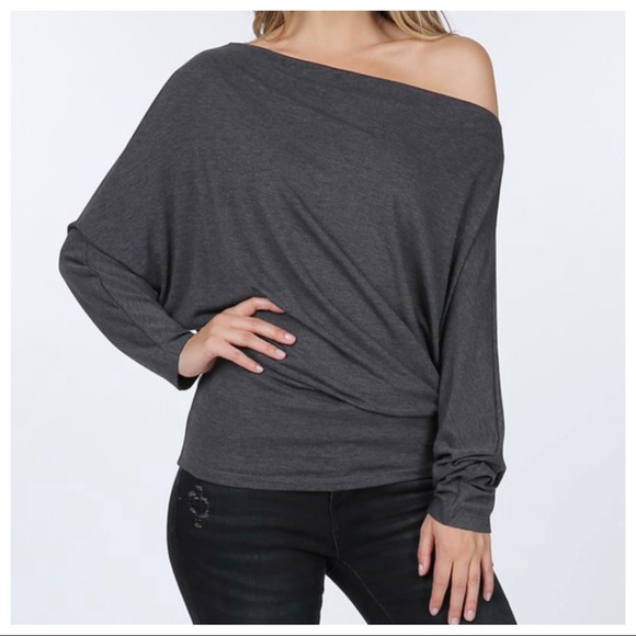 Tops | Charcoal Slouchy Off The Shoulder Dolman Tunic | Poshmark